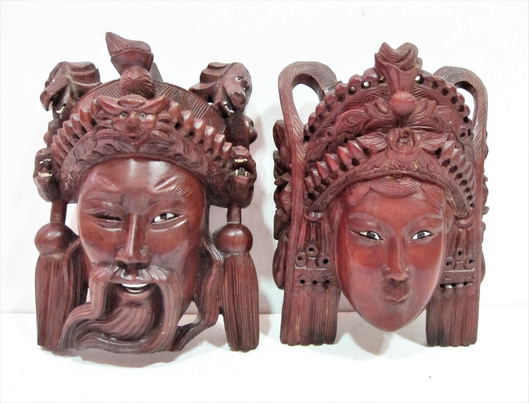 Pair of Vintage Detailed Carved Wood Busts Handmade Chinese Traditional ...