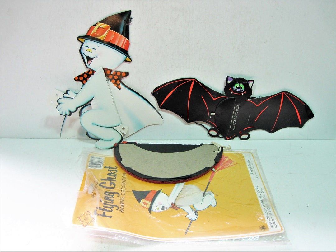 Vintage Paper Halloween Diecut Litho Set/3 Flying Ghost Bat Ball Globe ...