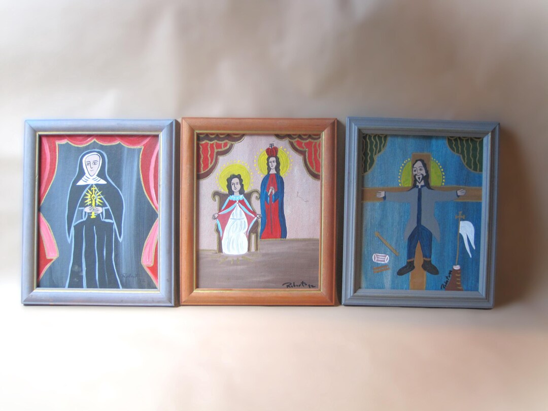 Trio of Vintage Original Signed Paintings Santos Saints Santa Fe ...