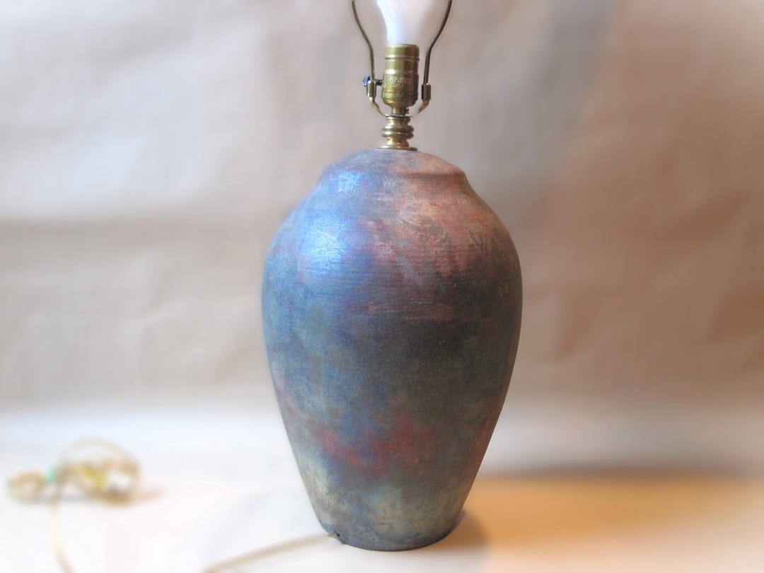 Vintage Raku Pottery Table Lamp: Mid Century Modern Blue Gray Lighting ...