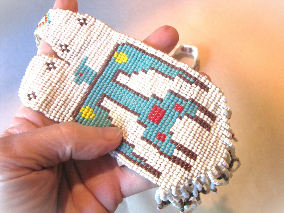 Vintage Native American Thunderbird Micro Glass Seed Bead Long Necklace ...