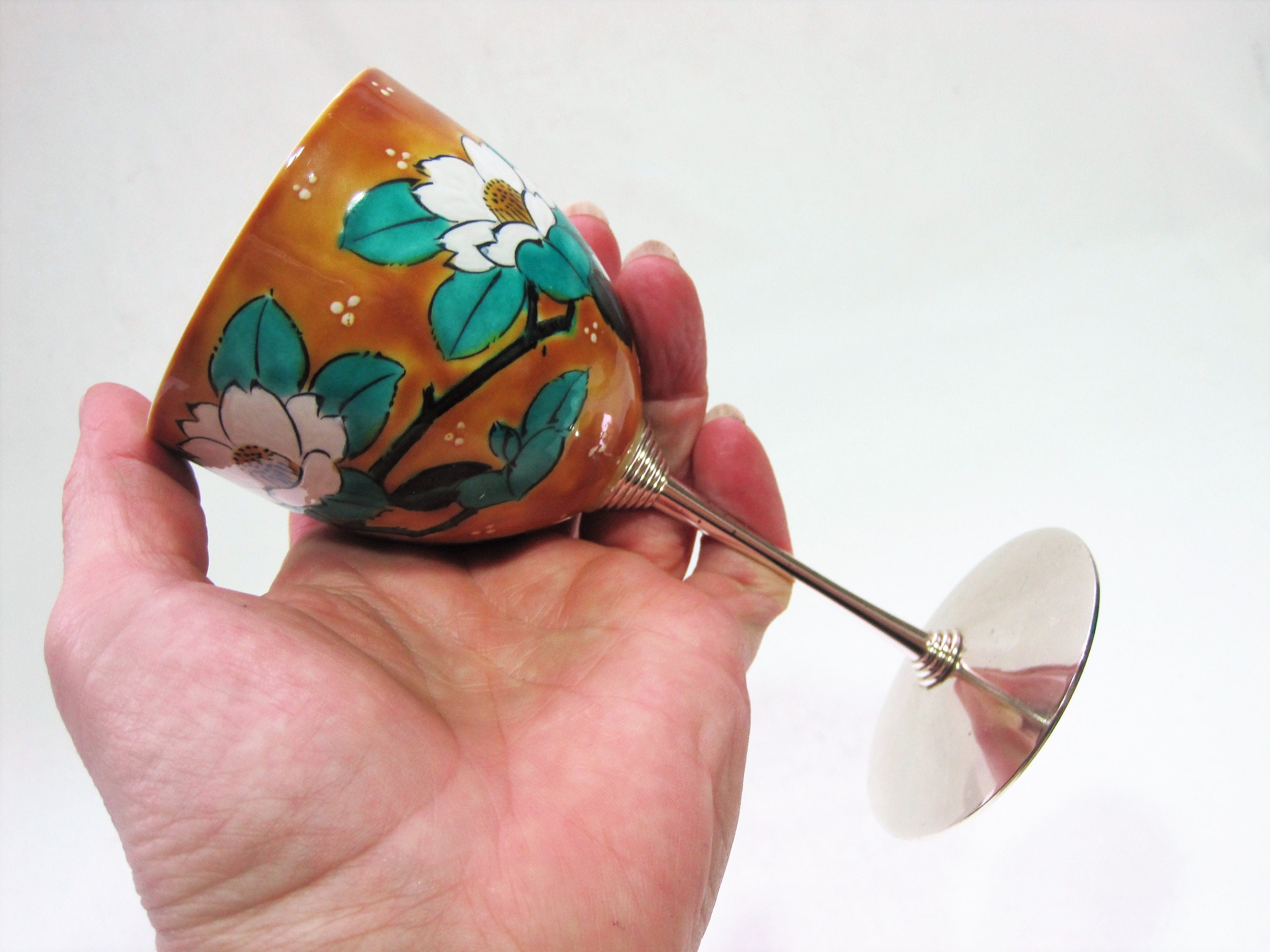 Vintage Porcelain Kutani Yaki Wine Glass Cup Metal Stem - Etsy