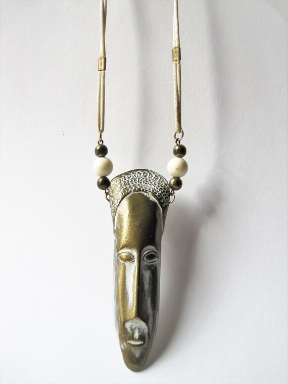 Mid Century Modernist 16" Brass Tribal Mask Choker Ne… - Gem