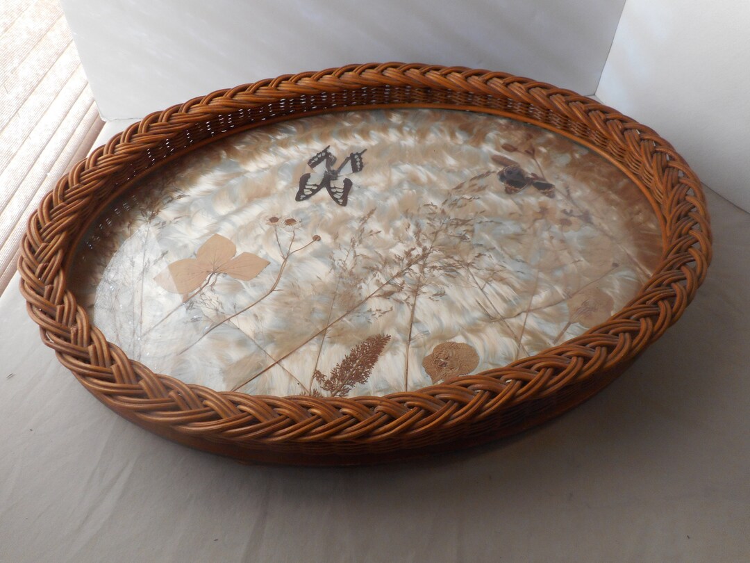 Vintage Wicker Serving Tray: Butterfly Wing Art, Milkweed & Thistle ...
