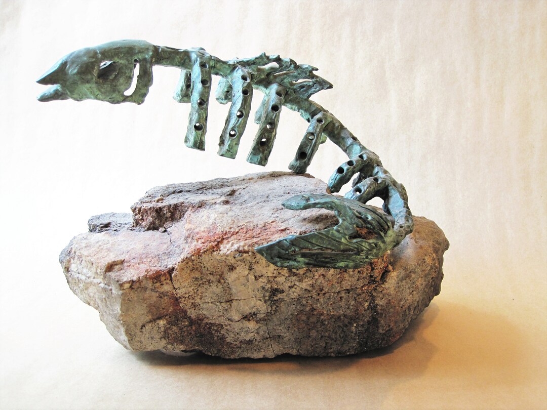 Skeleton Fish Welded Metal Sculpture on Stone Base Mid Century Modern ...
