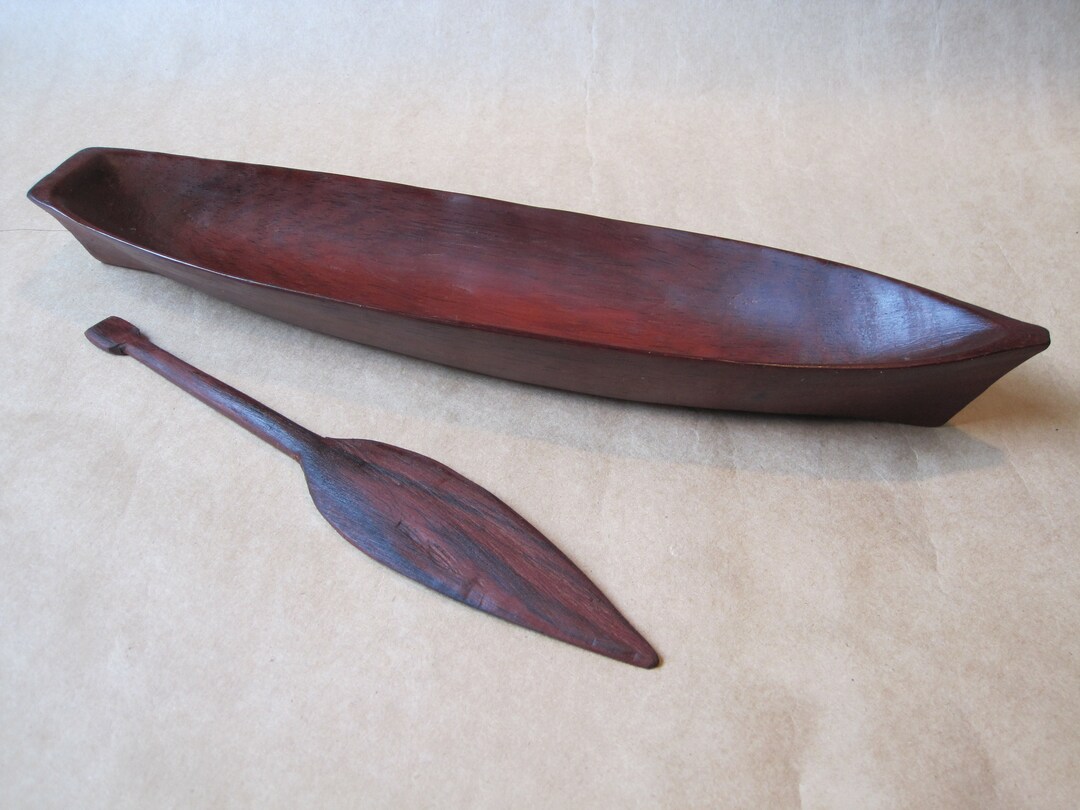 Vintage Solid Wood 11" Carved Boat Canoe Sculpture Bowl Artisan Made ...