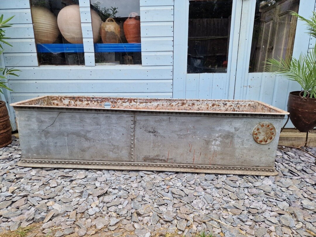 Rare Antique French 6ft Galvanised Riveted Feeder Trough Garden Herb ...