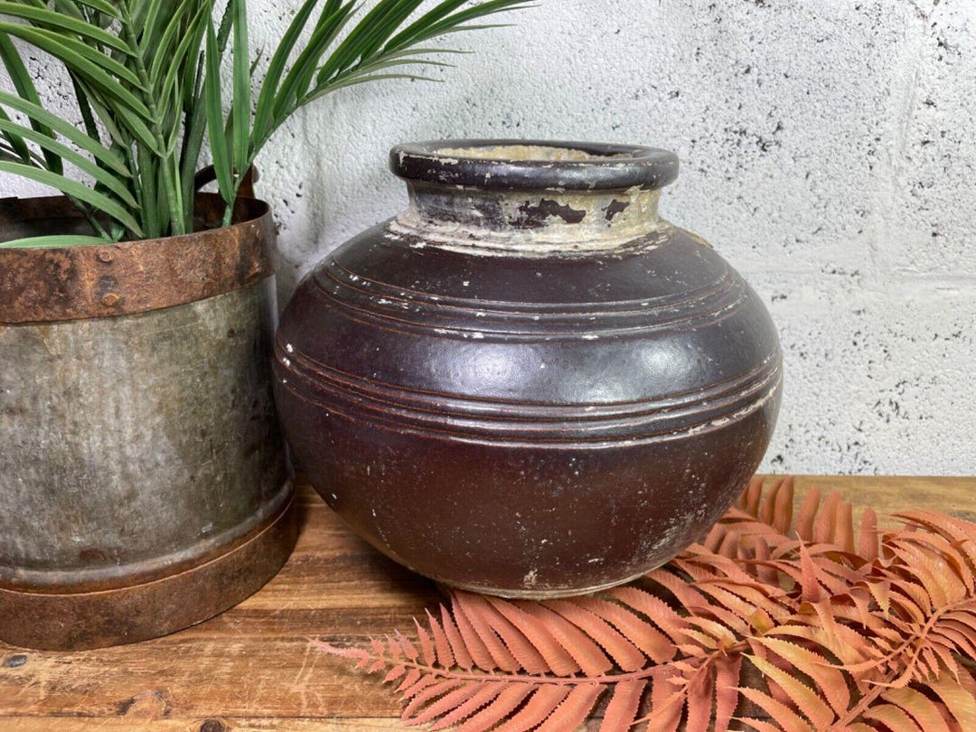 Antique Vintage Rustic Asian Glazed Terracotta Clay Preserving Storage ...