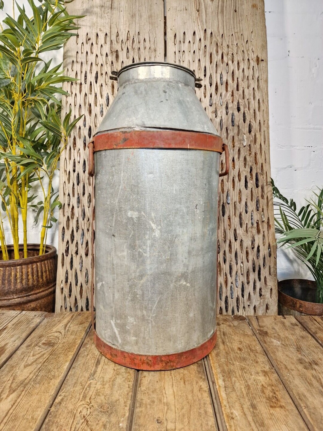 Vintage Large Rustic Galvanised French Milk Churn Garden Planter ...