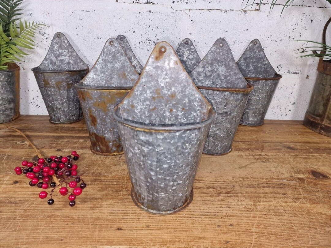 Vintage Rustic Reclaimed Galvanised Half Bucket Wall Planter Plant Pot ...
