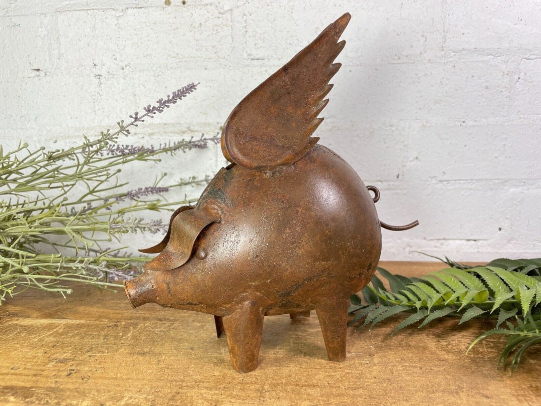 Rustic Rusty Reclaimed Metal Oil Drum Tin Flying Pig Money Box ...