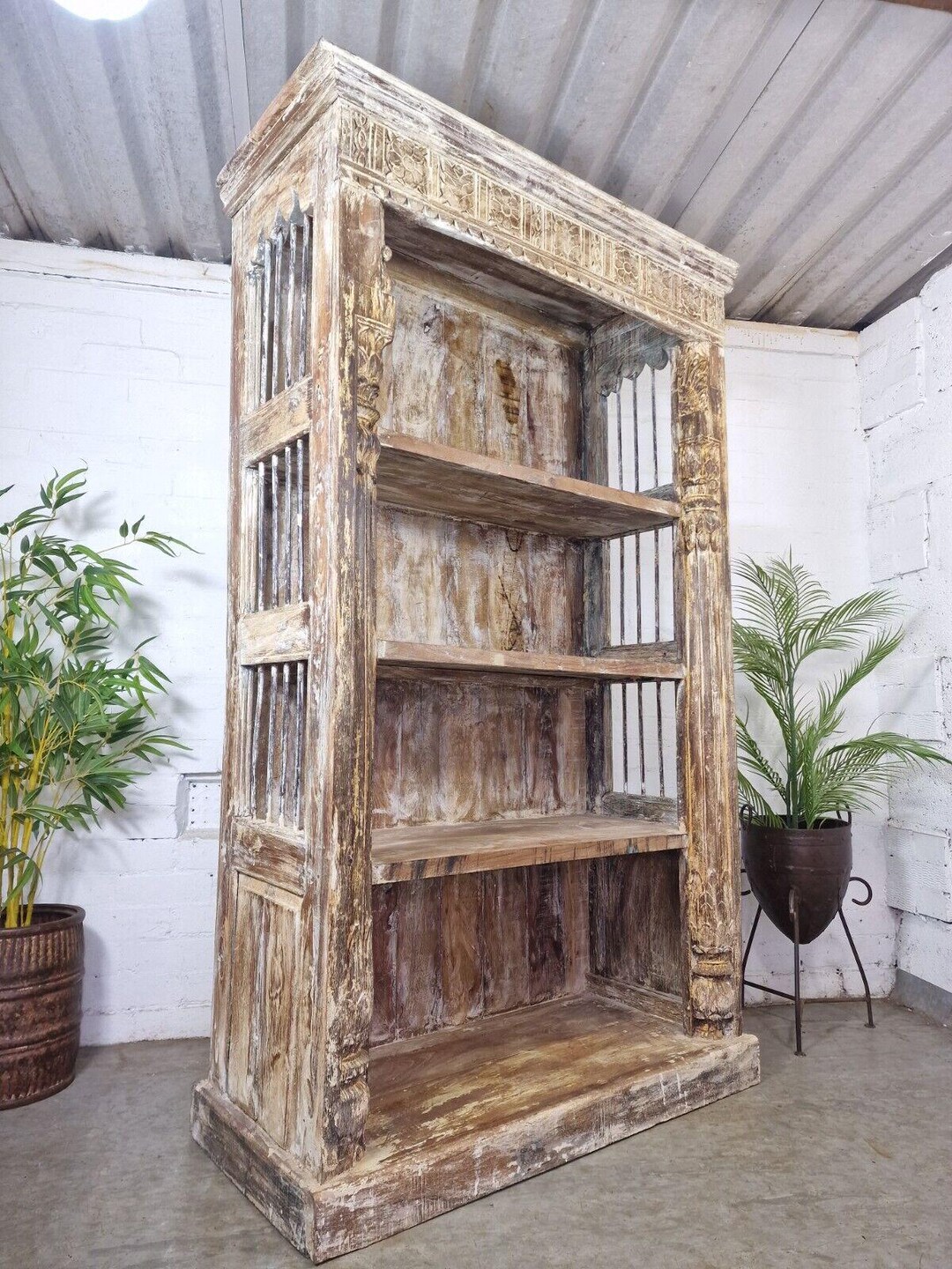 Large Vintage Reclaimed Rustic Indian Carved Solid Wooden Bookcase ...