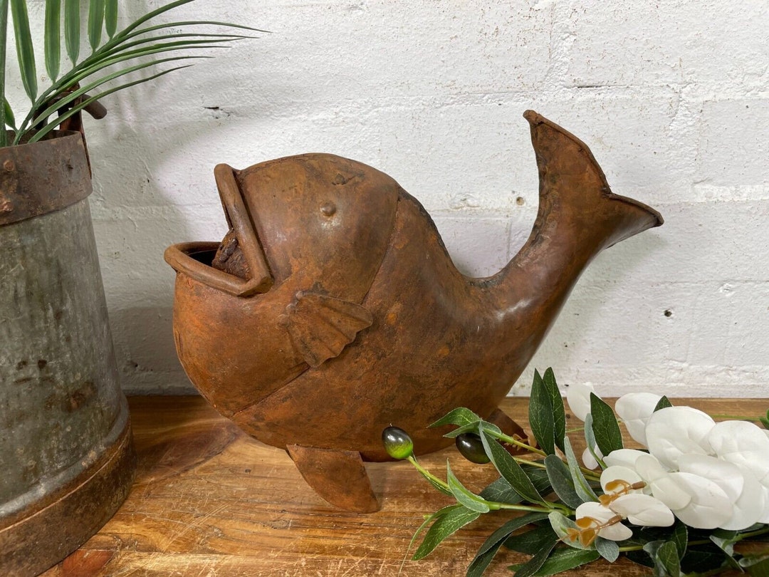 Rustic Reclaimed Handmade Metal Fish Watering Can Water Feature Garden ...