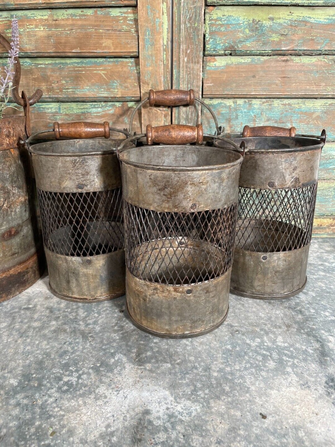 Vintage Rustic Riveted Iron Metal Pot Utensil Planter Pen Desk Storage ...