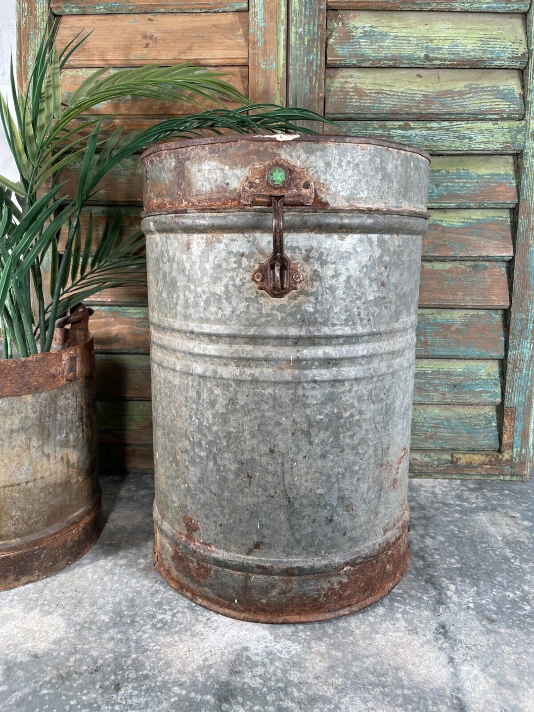 Vintage Indian Industrial Galvanised Metal Rice Grain Storage Drum Bin ...