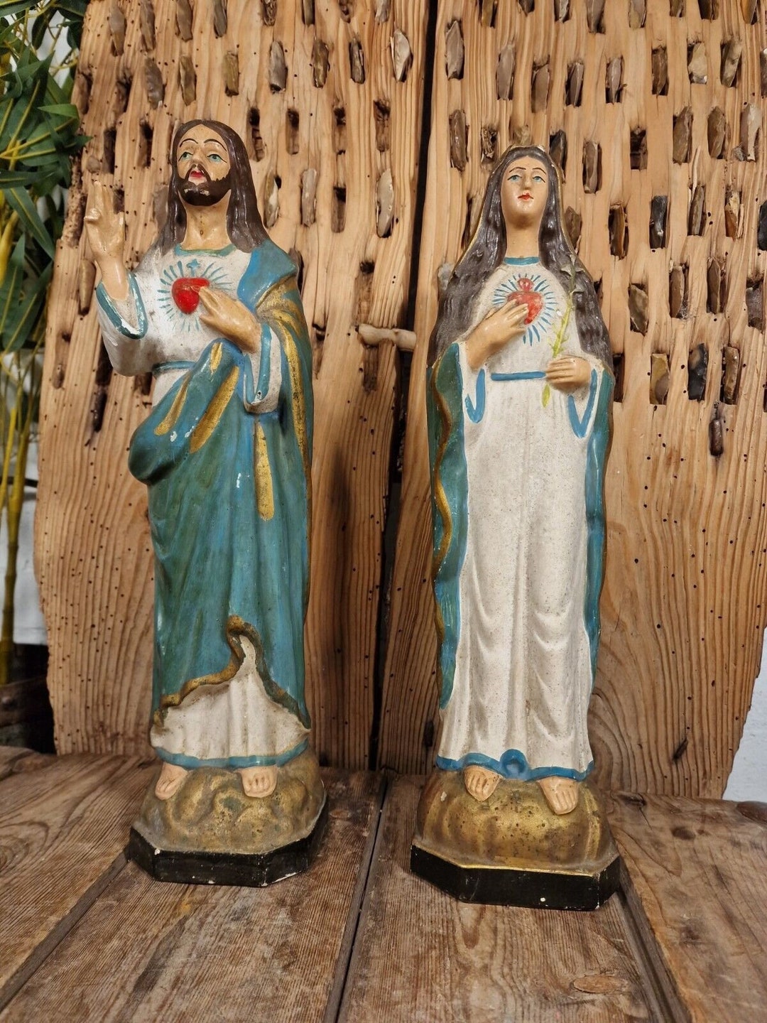 Beautiful Pair Antique European Jesus & Mary Sacred Heart Plaster ...