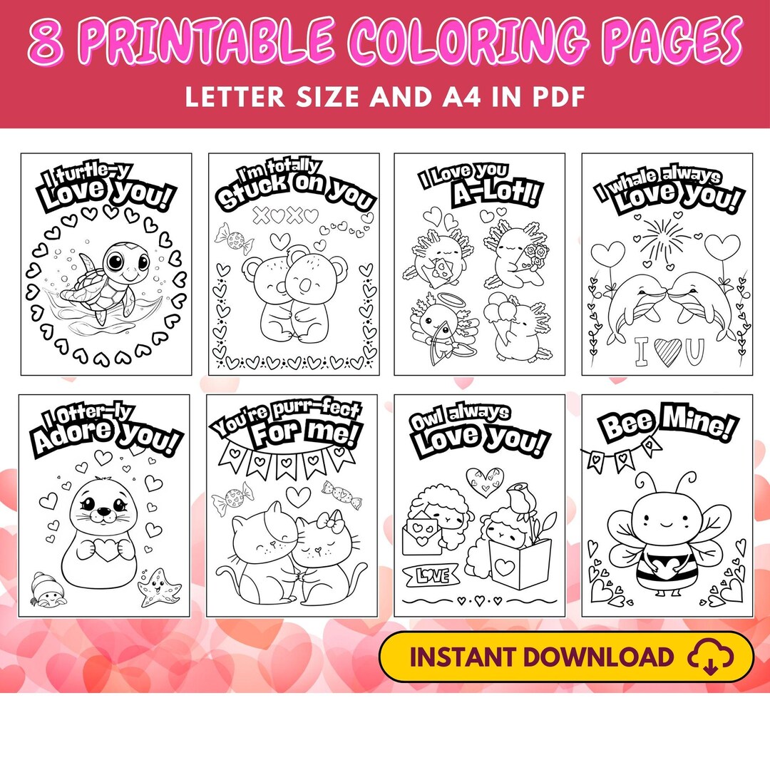 Valentine Cute Animal Printable Coloring Page for Children/adult, Pdf ...