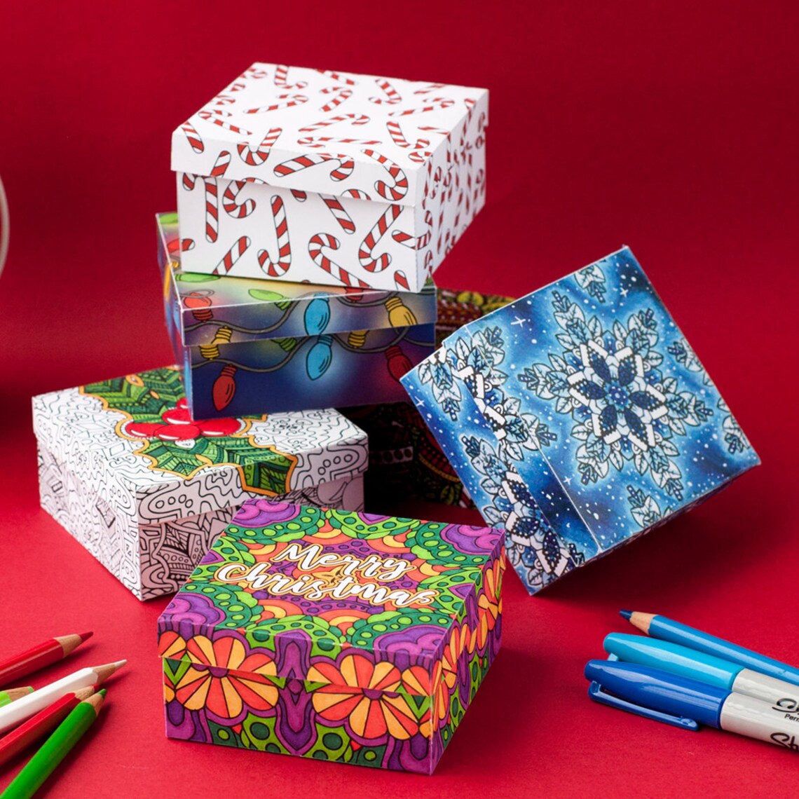 Coloring Christmas Gift Box Templates 6 Pack Printable PDF - Etsy
