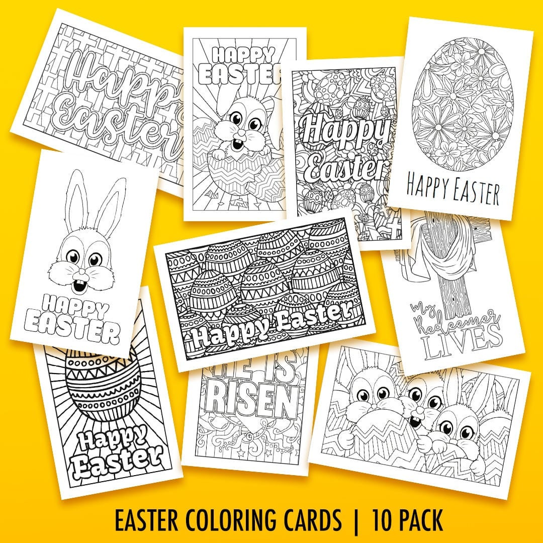 Easter Coloring Cards 10 Pack // Printable Greeting Cards, Easter Cards ...