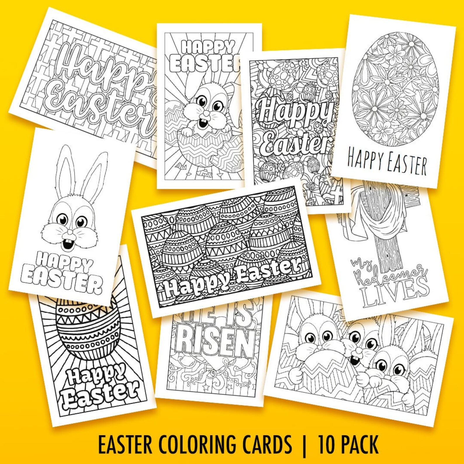 Easter Coloring Cards 10 pack // Printable Greeting Cards | Etsy