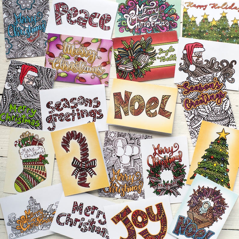 Coloring Christmas Cards 20 DIY Printable Christmas Cards to - Etsy