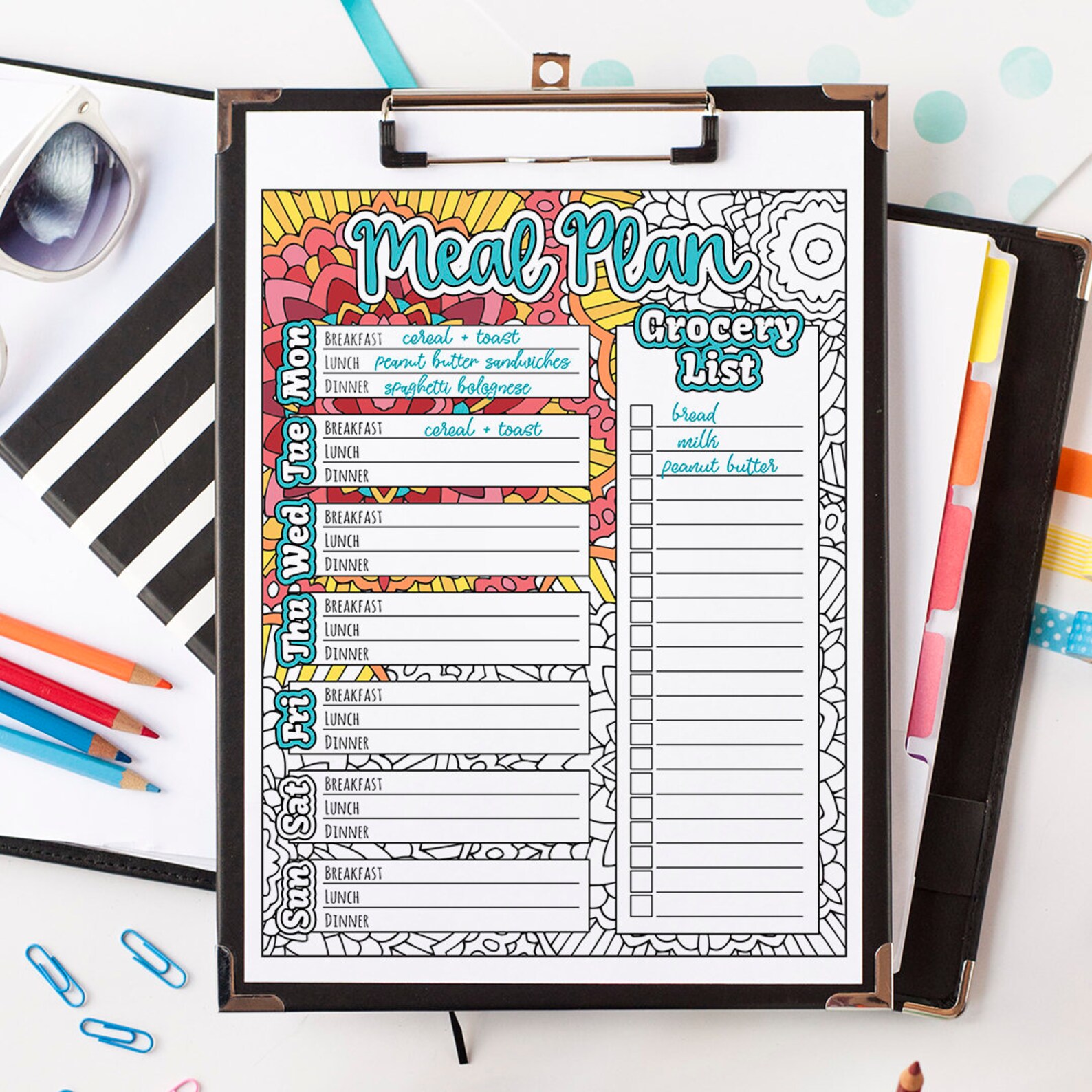 Meal Planner Printable Weekly Meal Plan Coloring Template - Etsy