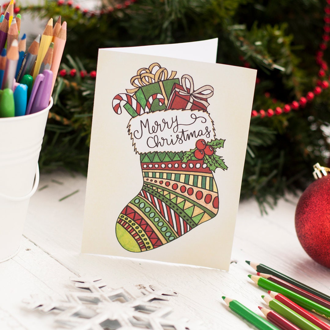 Coloring Christmas Cards 20 DIY Printable Christmas Cards to | Etsy