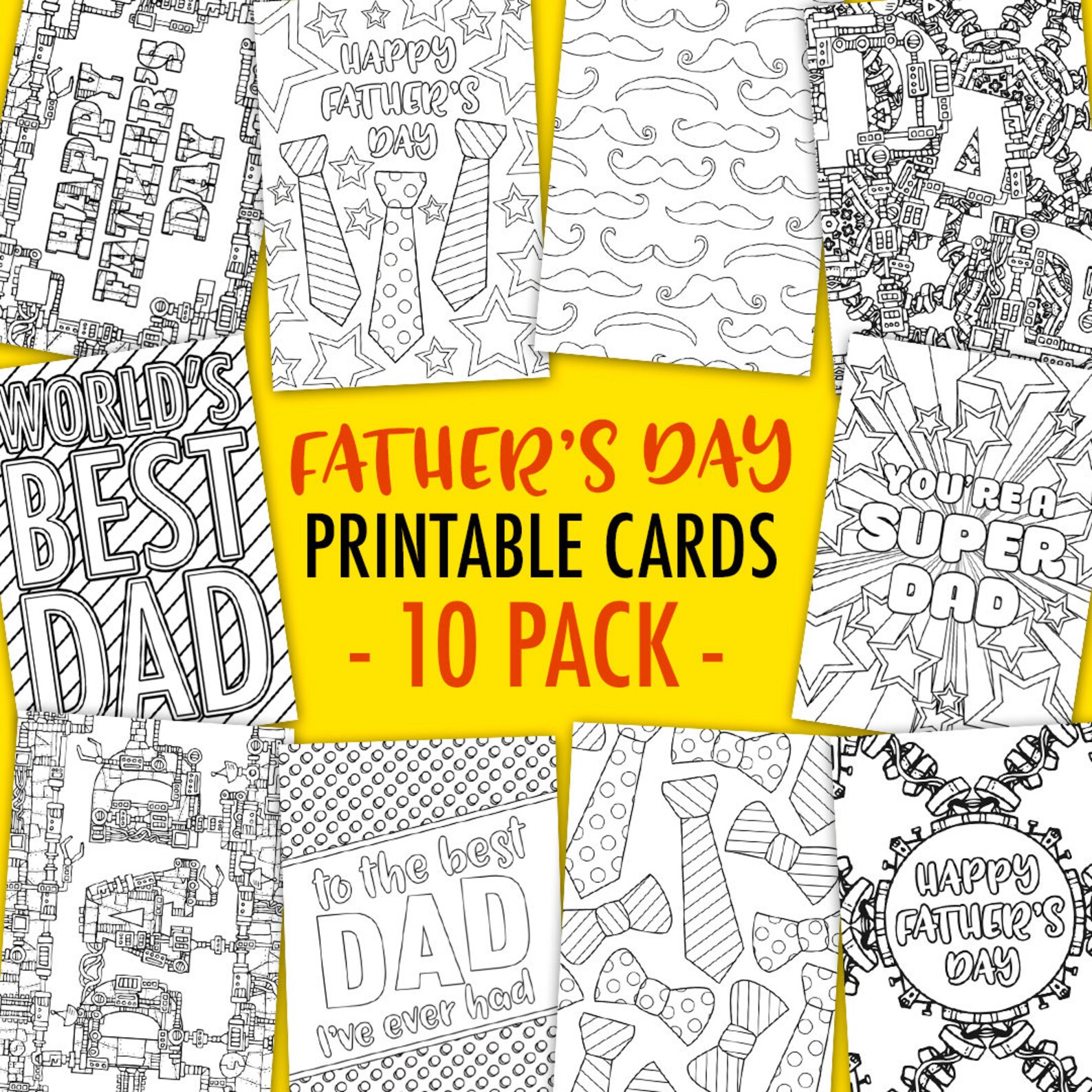 Father's Day Printable Coloring Cards 10 Pack 10 Printable PDF Father's ...