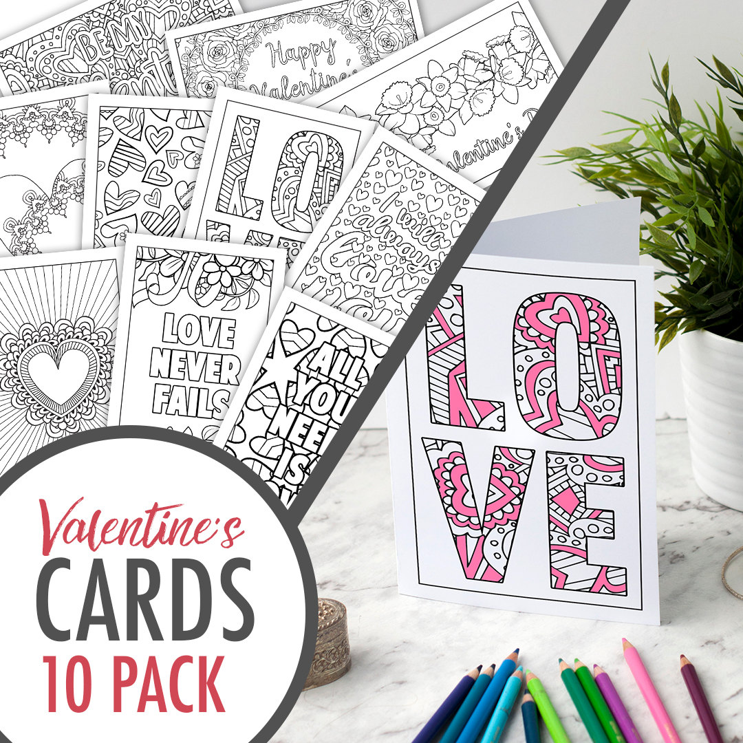 Valentines Day Cards Set of 10 Printable Coloring Cards for - Etsy