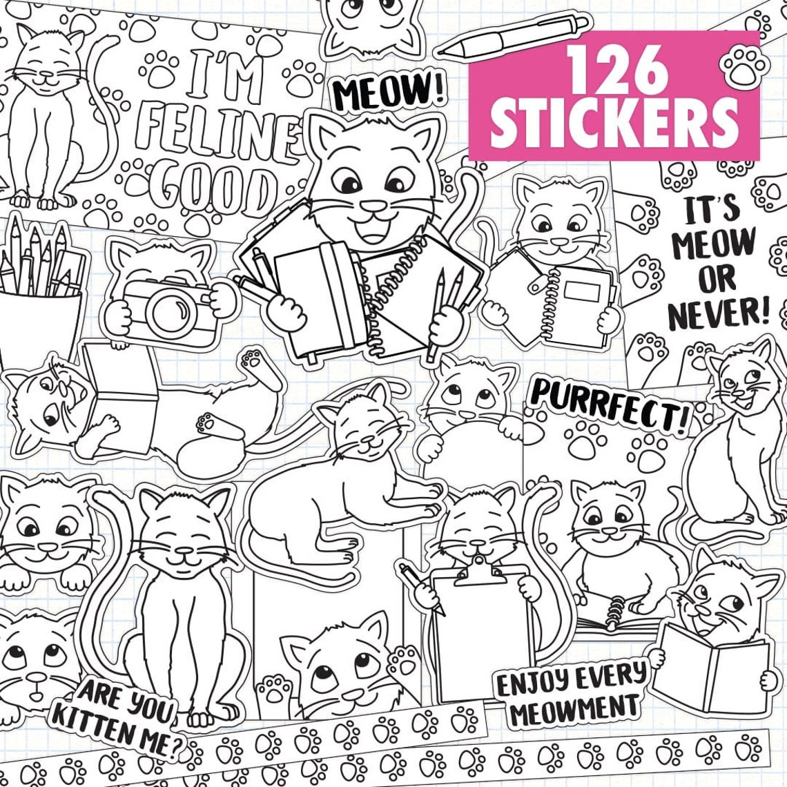 Planner Cat Coloring Stickers printable Digital Only - Etsy
