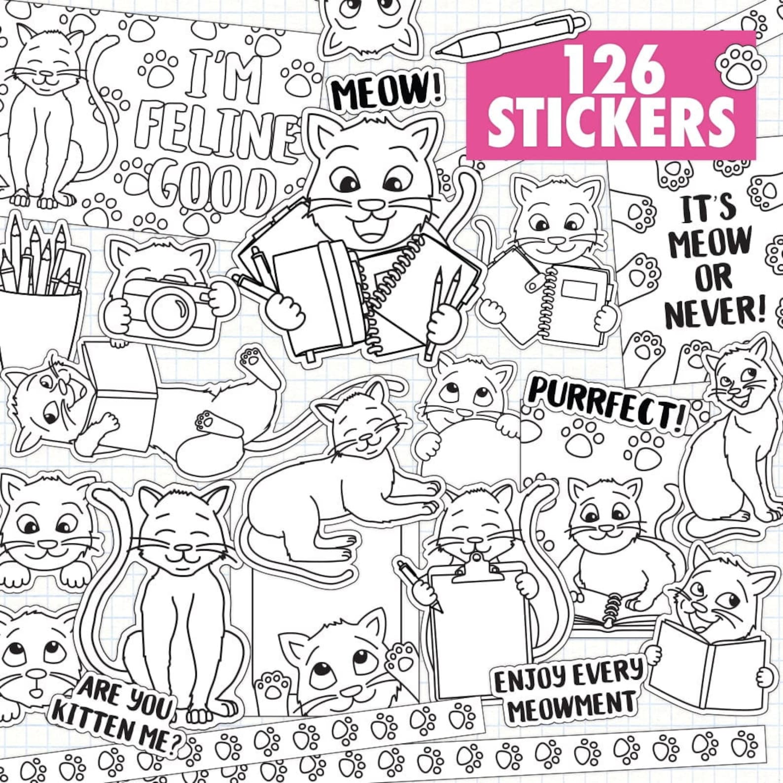 Planner Cat Coloring Stickers printable Digital Only - Etsy