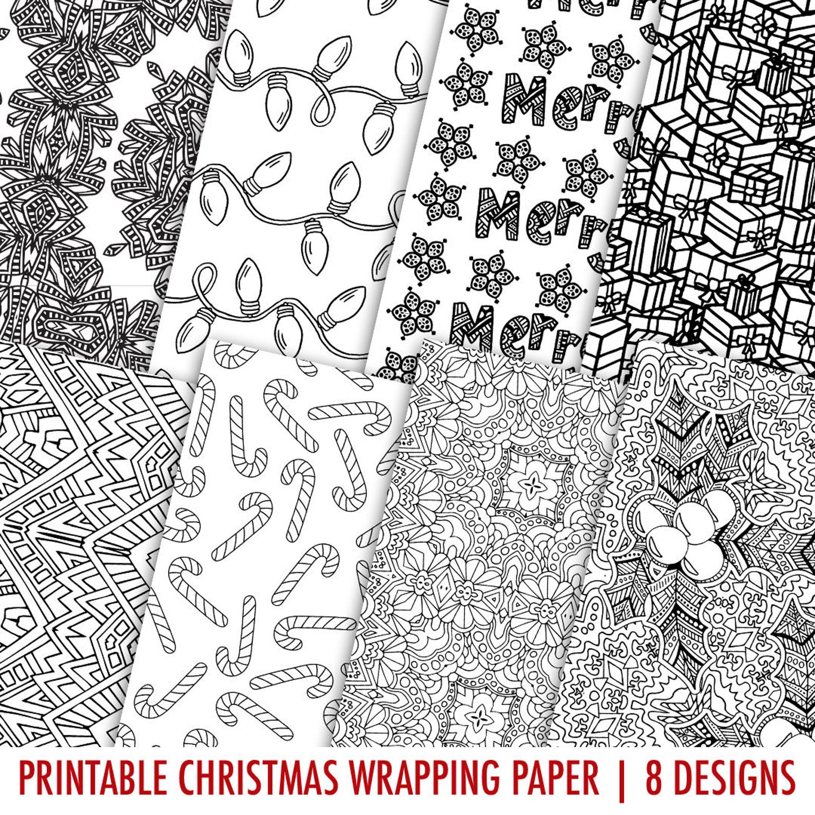 Digital Gift Wrap Christmas - 8 Pack | Printable Coloring Page ...