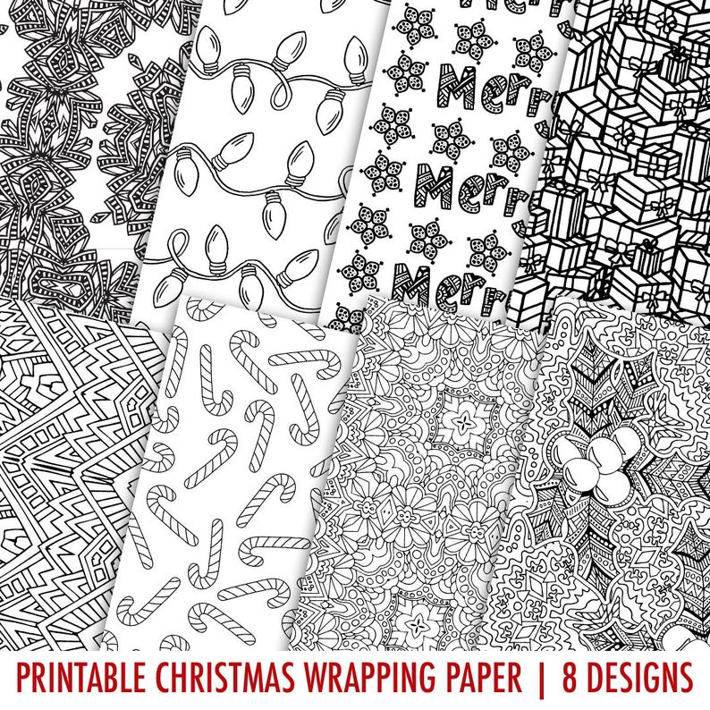 Digital Gift Wrap Christmas 8 Pack Printable Coloring Page - Etsy