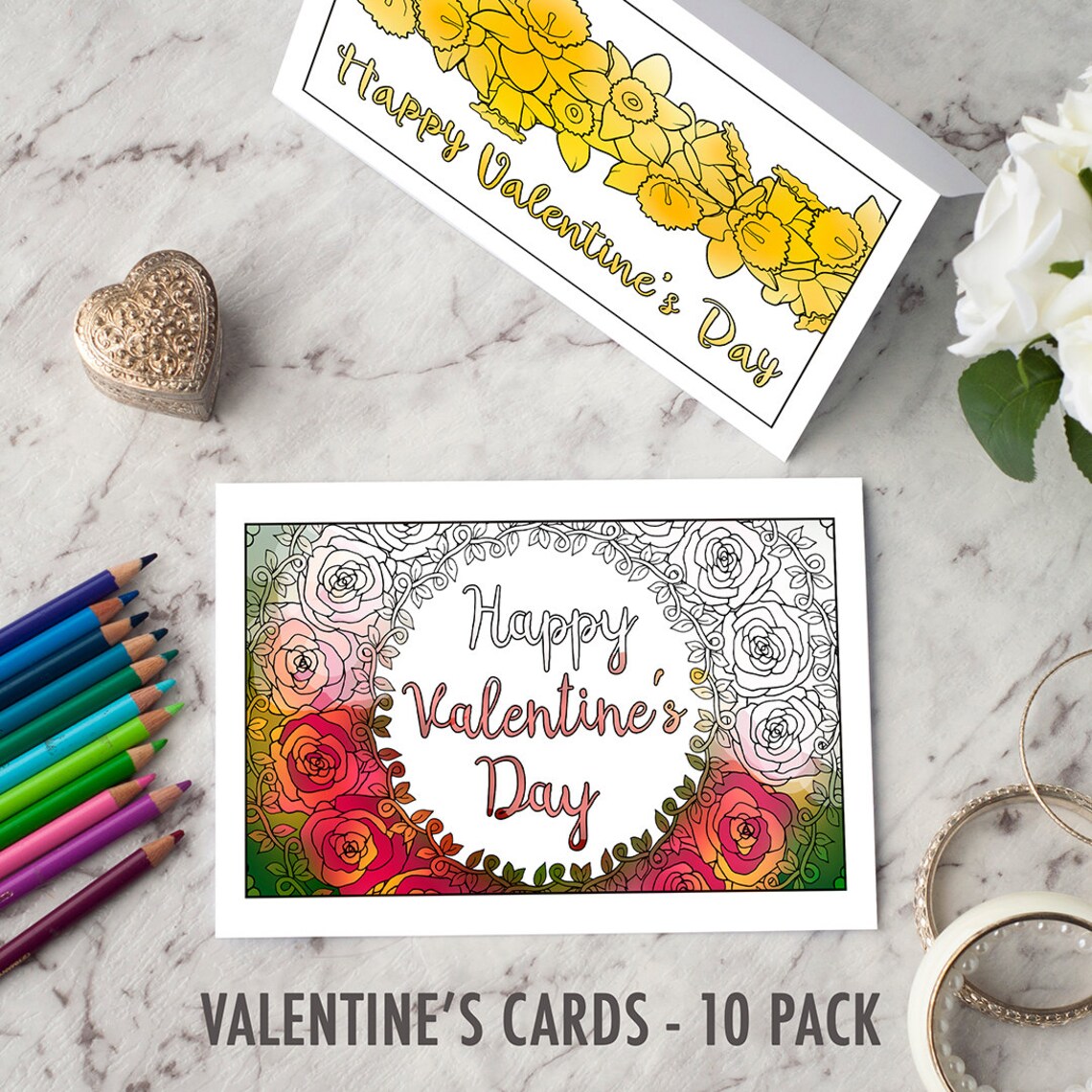 Valentines Day Coloring Cards Set of 10 Printable Greeting - Etsy