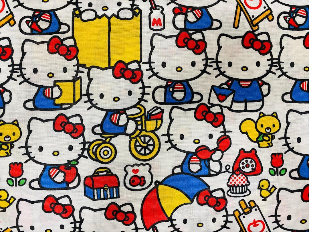 White Hello Kitty Character Fabric, Kawaii Fabric, Cute, Cartoon Fabric ...