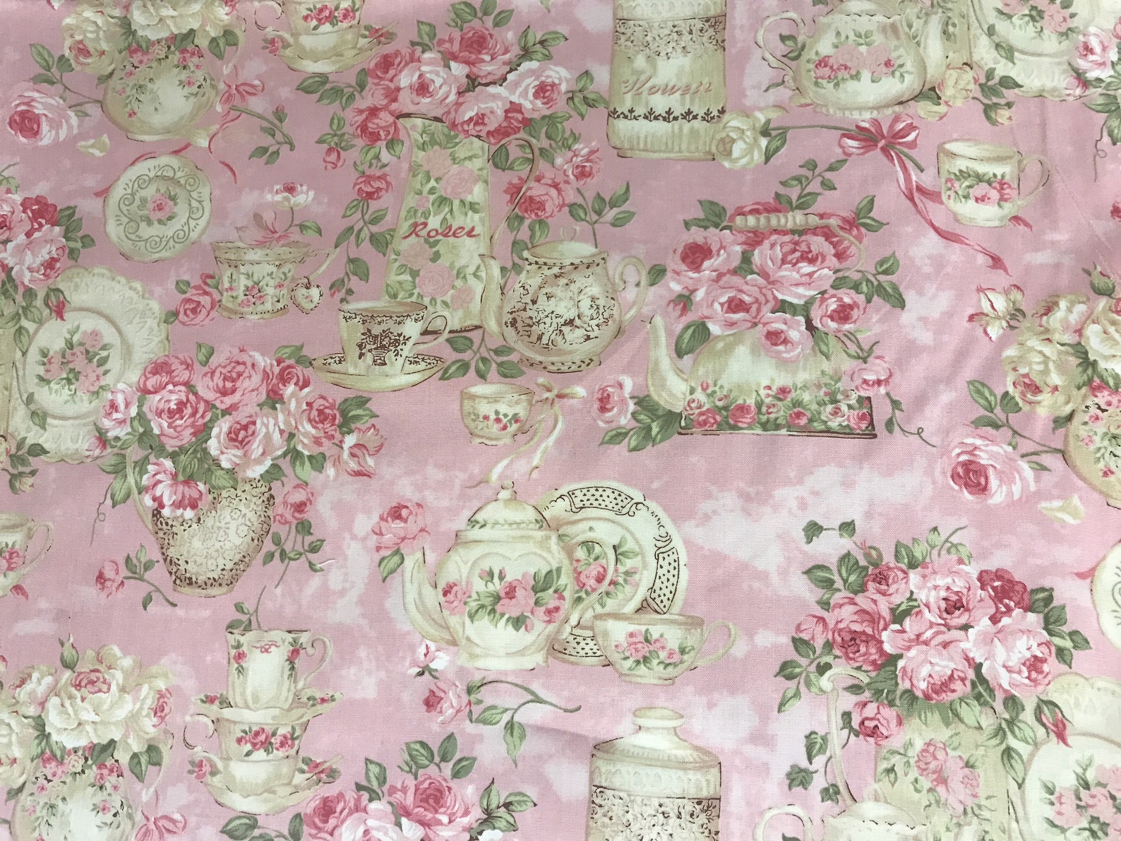 Pink Shabby Chic Style Floral Fabric, Rose Garden Teacup Fabric, Shabby ...