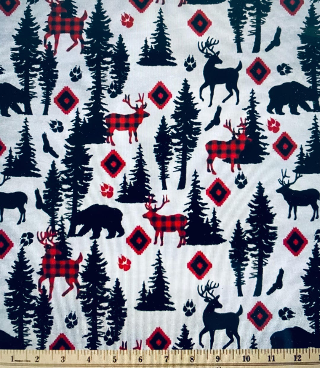 Deer Scene Fabric, Buffalo Check Woodland Fabric, Deer Fabric, Forest ...
