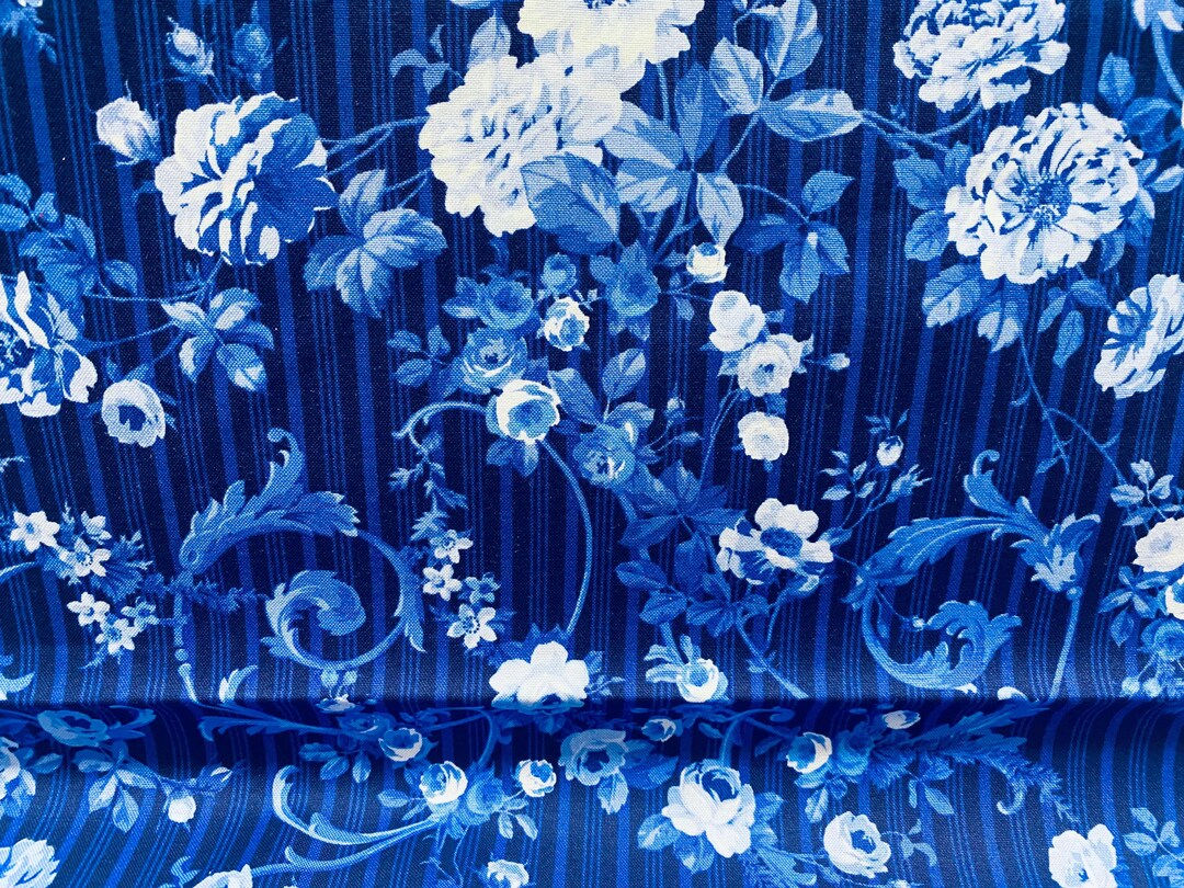 Blue Floral Scroll Fabric, Flower Fabric, Blue Background, Cotton ...