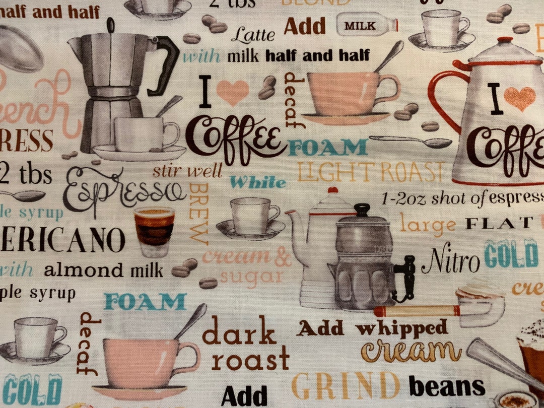 Coffee House Fabric, Novelty Fabric, Espresso, Coffee Cup, Coffee ...