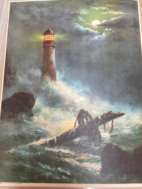 R Knowles A Guide to Safety vintage lighthouse sea print | Etsy