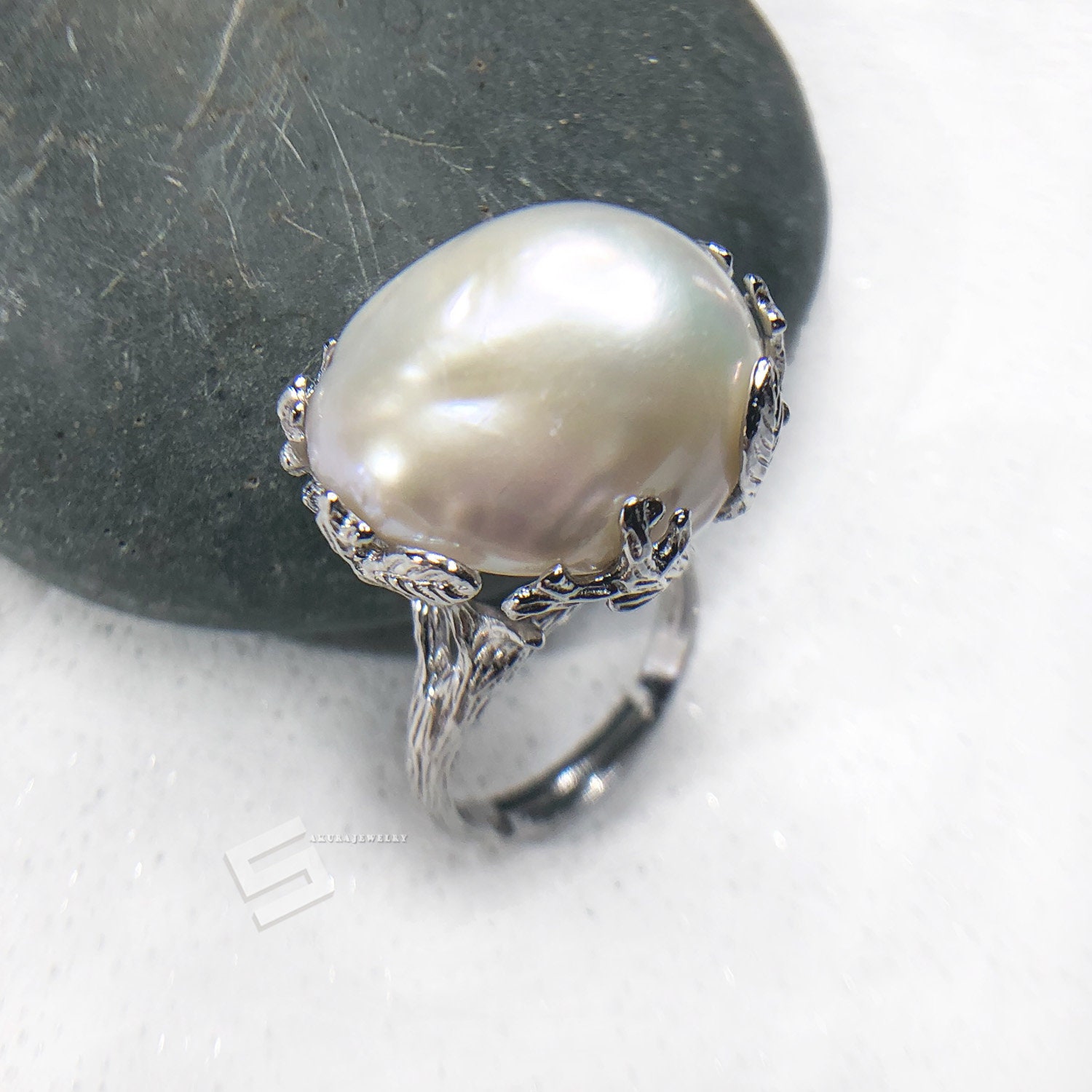 Large Baroque Pearl in 925 Silver Ring, 23MM Kasumi Pearl and Sterling ...
