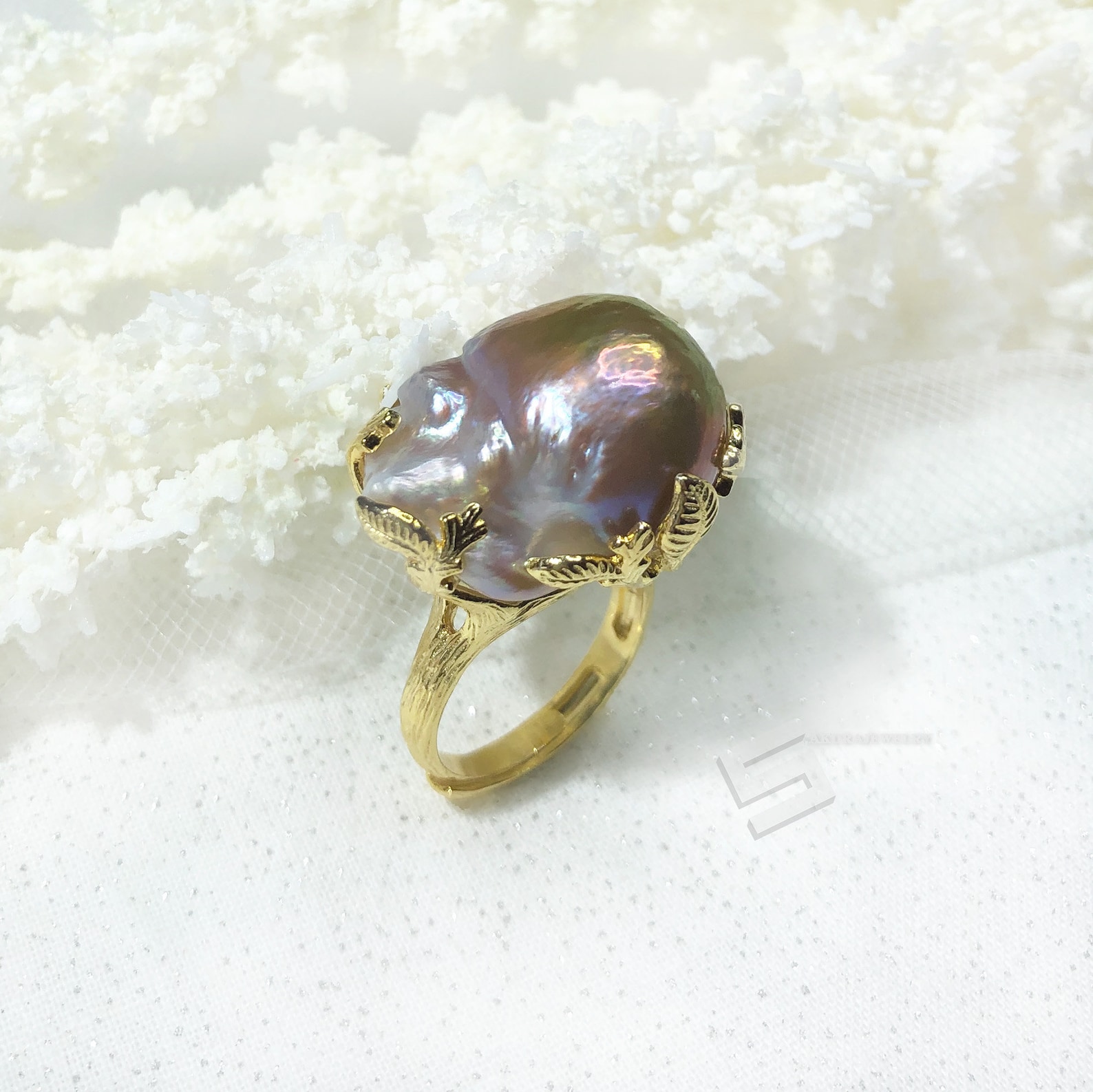 Large Baroque Pearl in 925 Silver Ring, 21MM Kasumi Pearl and Vermeil ...