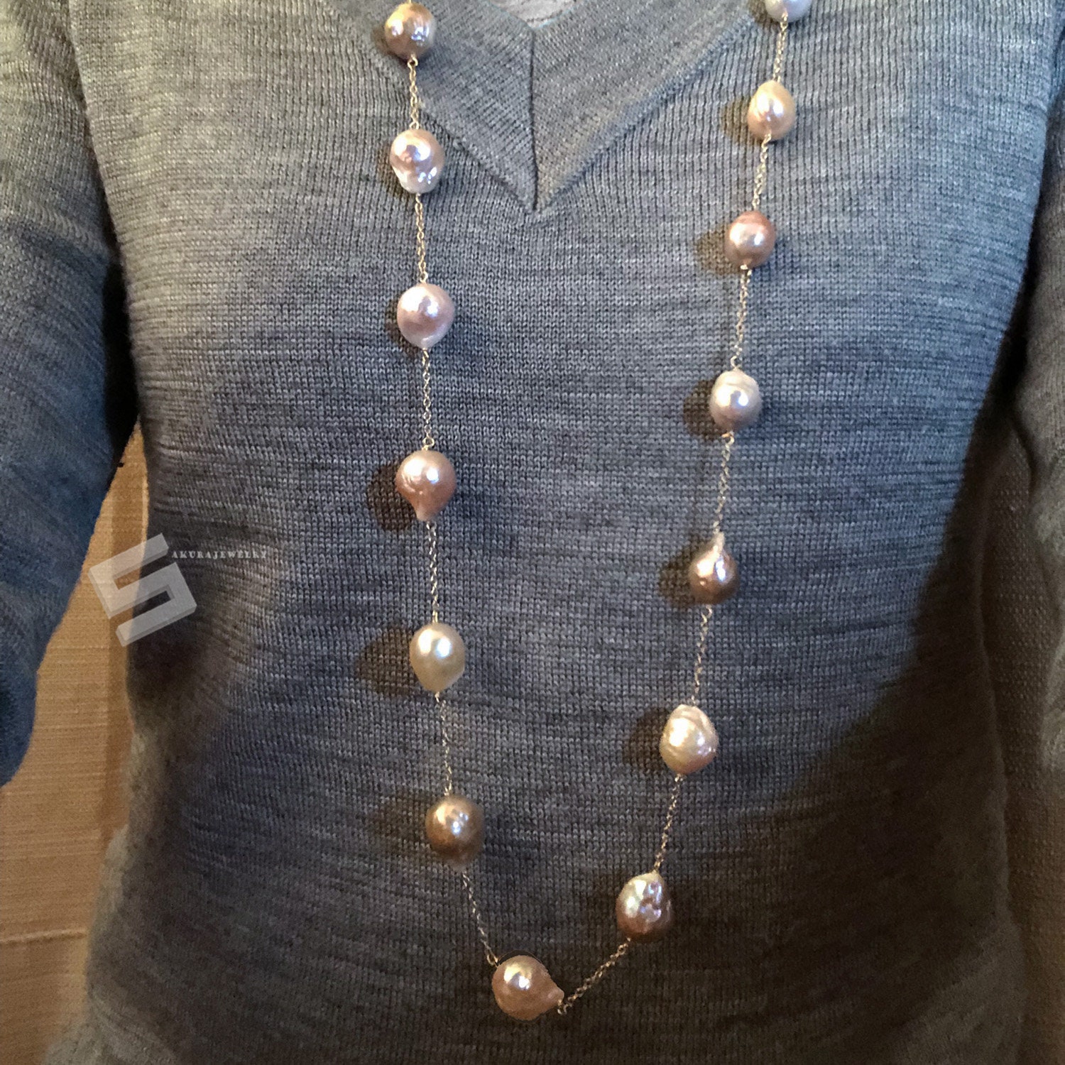 Metallic Baroque Pearls Long Necklace, Fireball Pearls in 14K Gold ...