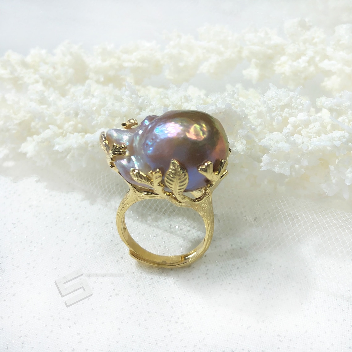 Large Baroque Pearl in 925 Silver Ring, 21MM Kasumi Pearl and Vermeil ...