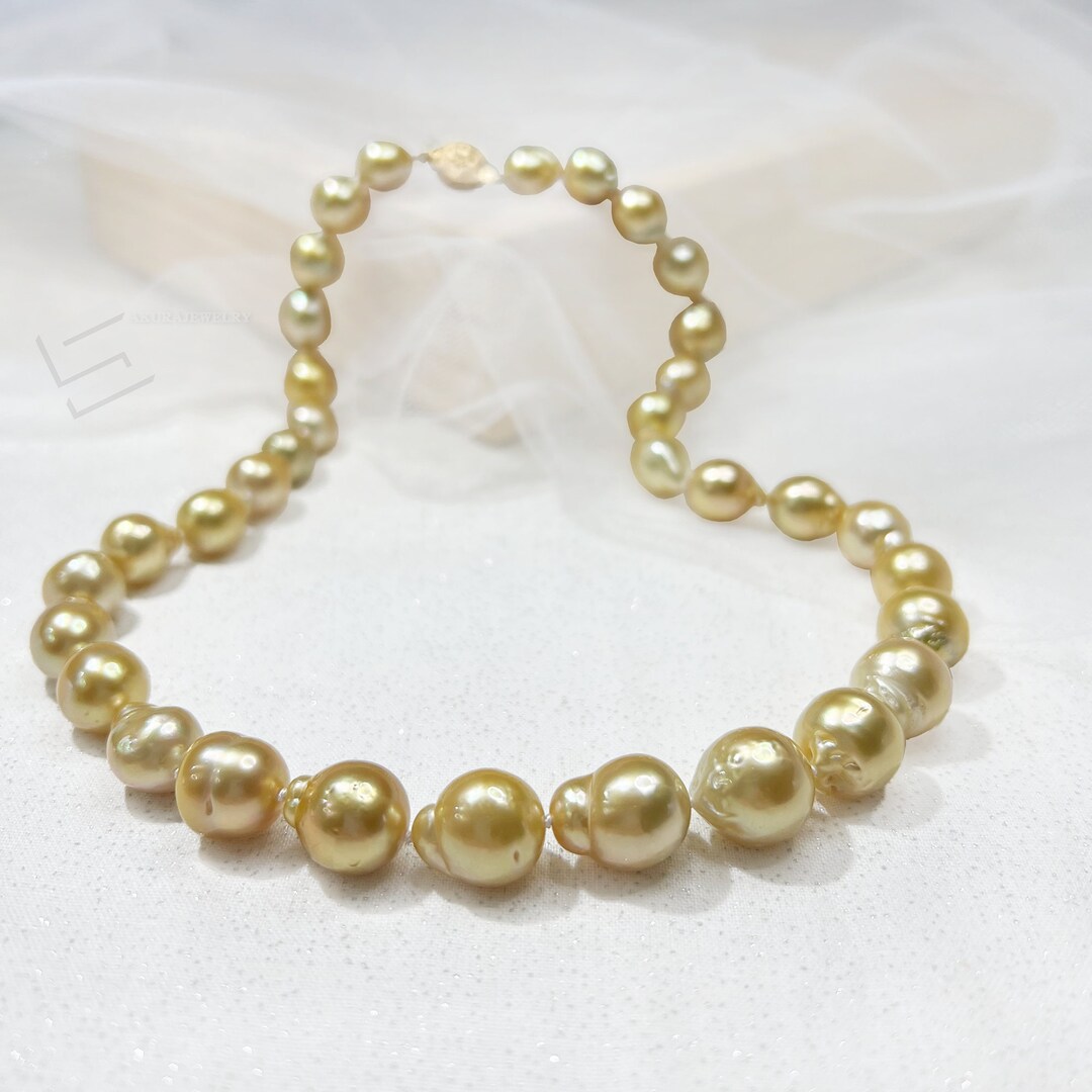 Golden Cultured Pearls 14KT Gold Necklace, 10-12.5MM South Sea Cultured ...