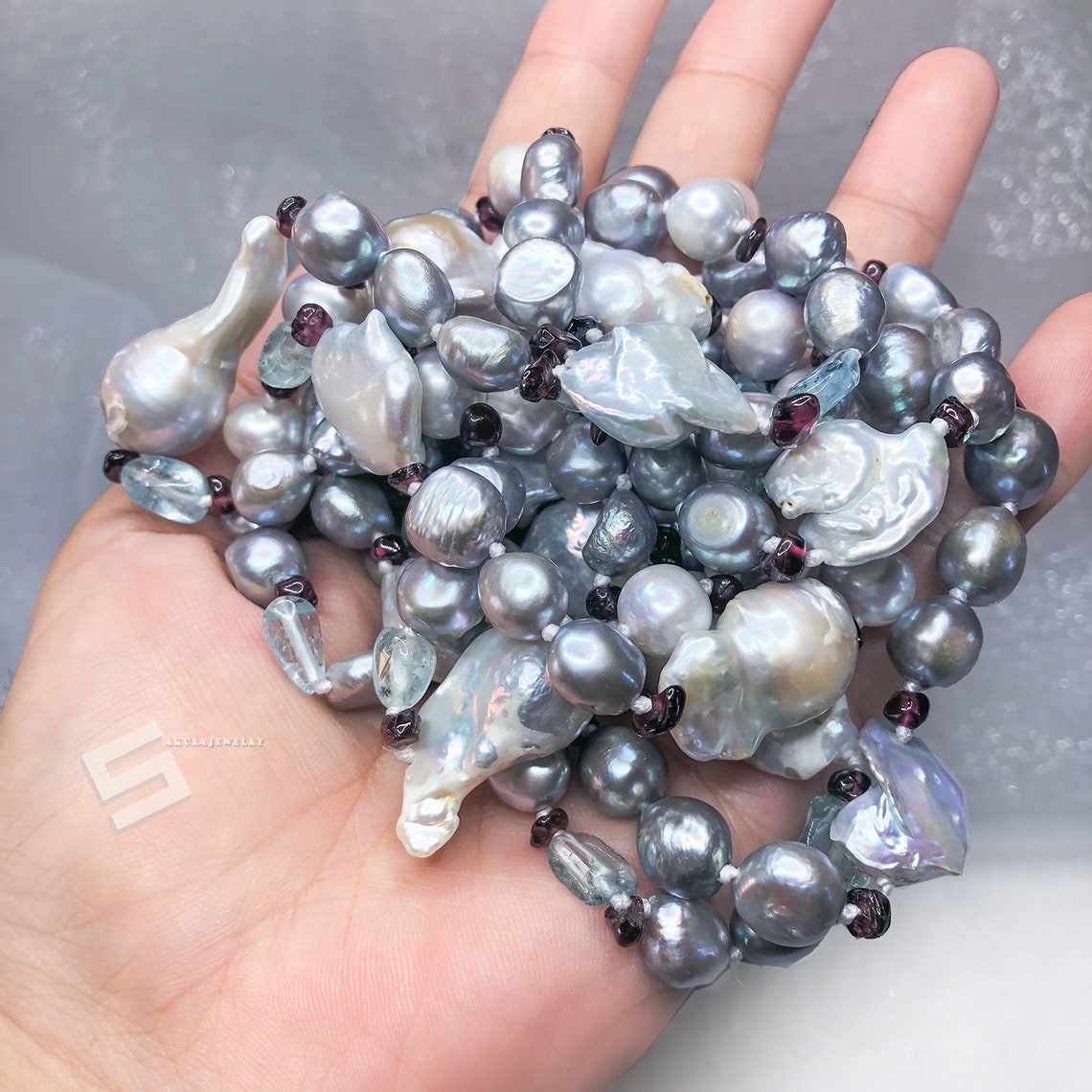 Multi Sized Real Pearls and Gemstones Necklace Baroque Pearls | Etsy