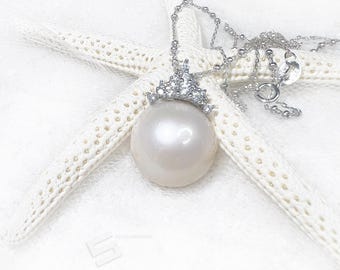 13MM Real Pearl Pendant Necklace, Large Pearl in Sterling Silver ...
