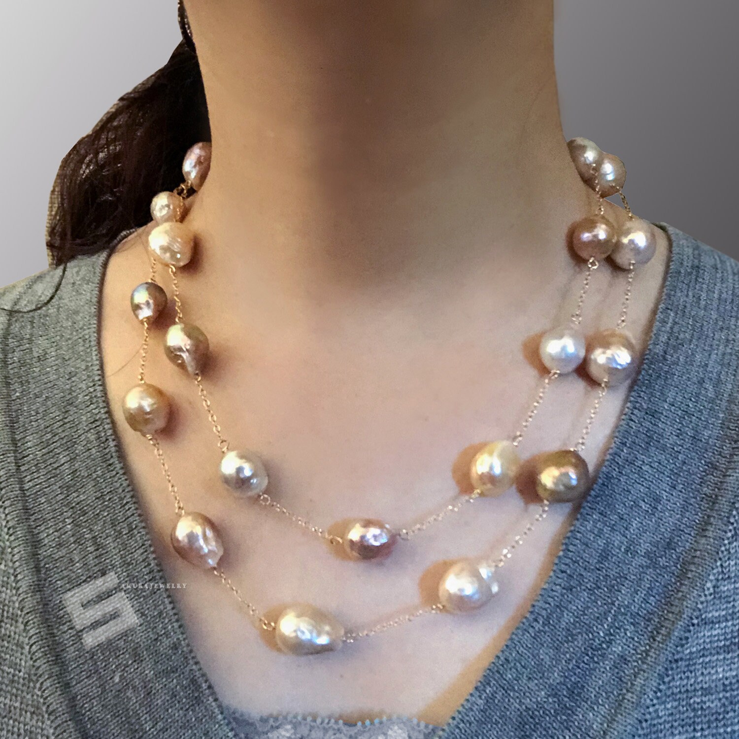 Metallic Baroque Pearls Long Necklace, Fireball Pearls in 14K Gold ...