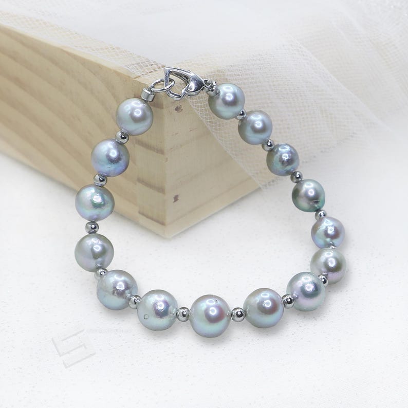 Japanese Grey Akoya Pearl Bracelet, 8.3-8.5MM Natural Blue Gray Colored ...