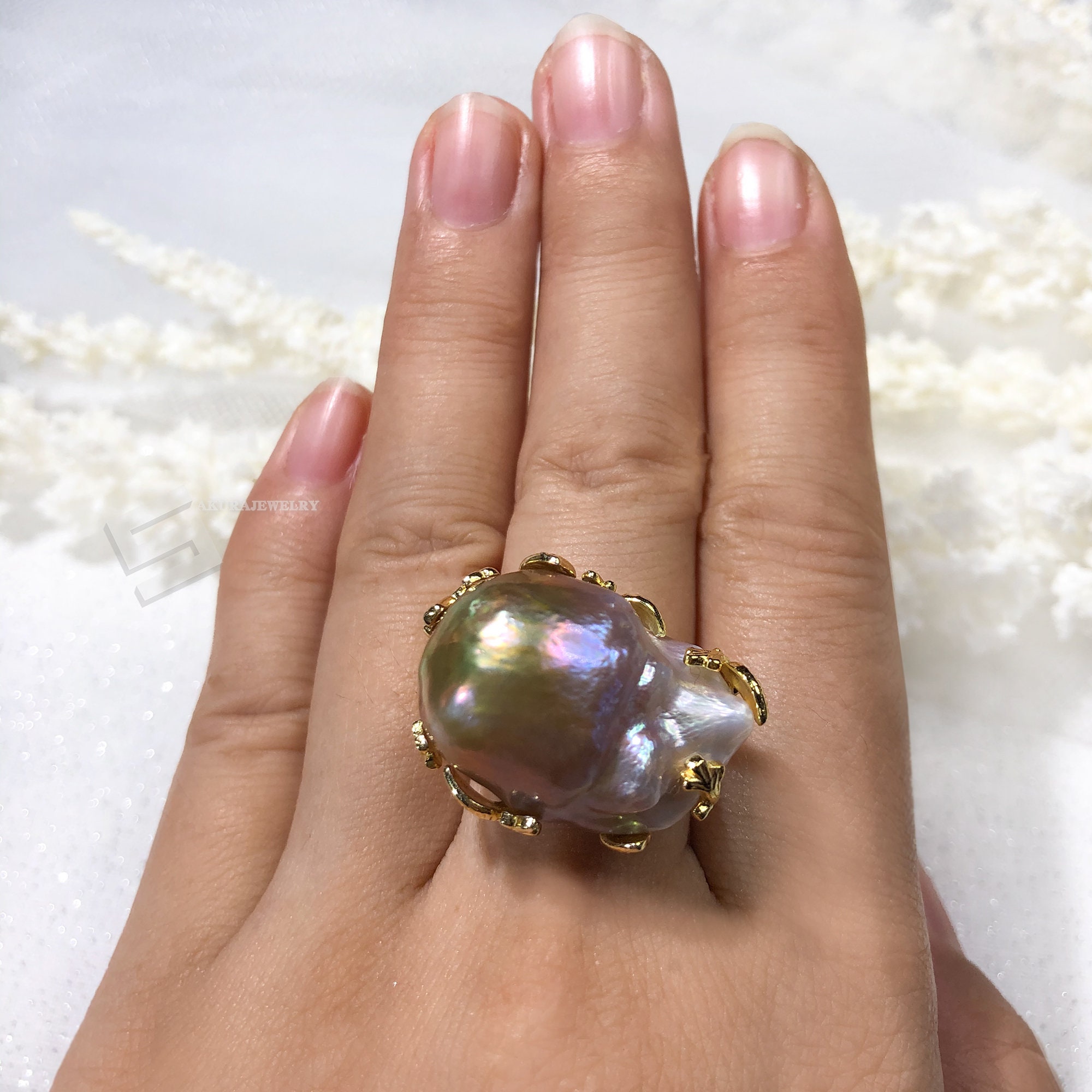 Large Baroque Pearl in 925 Silver Ring, 21MM Kasumi Pearl and Vermeil ...
